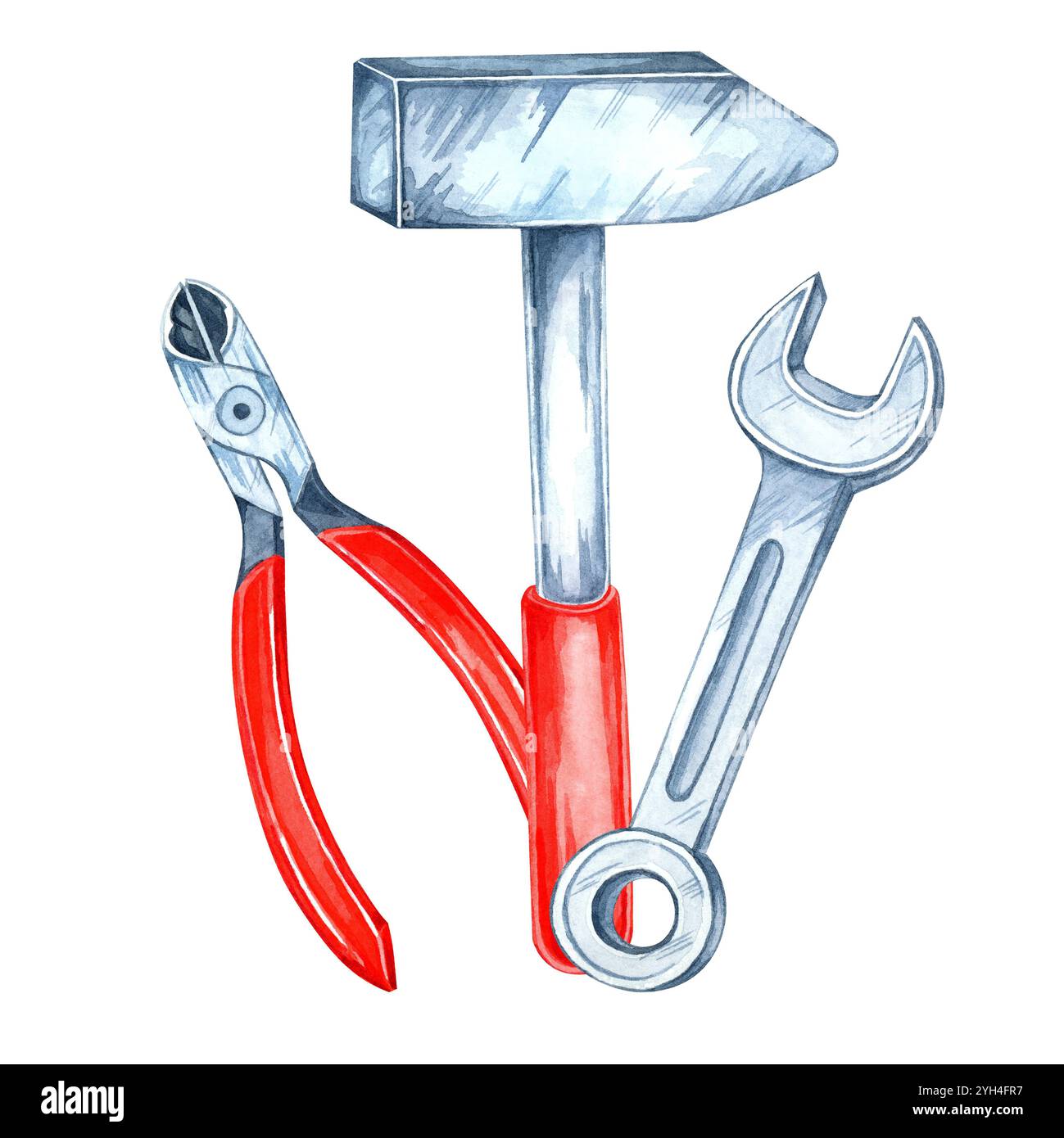 Red-handled pliers, a wrench, and a hammer hardware set. Hand-painted ...