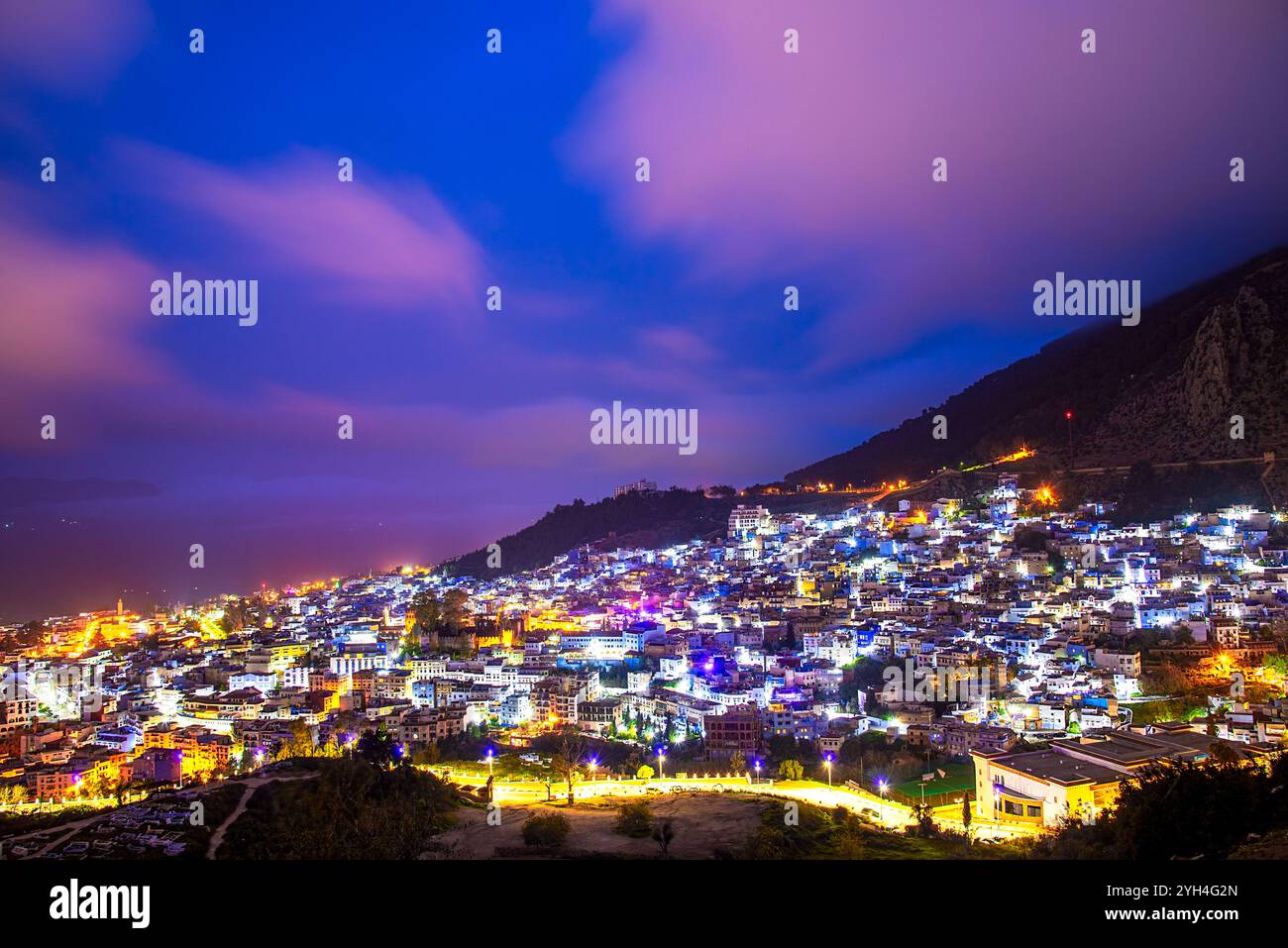 Chefchaouen, Morocco: Blue city in night lights of the old walled city ...