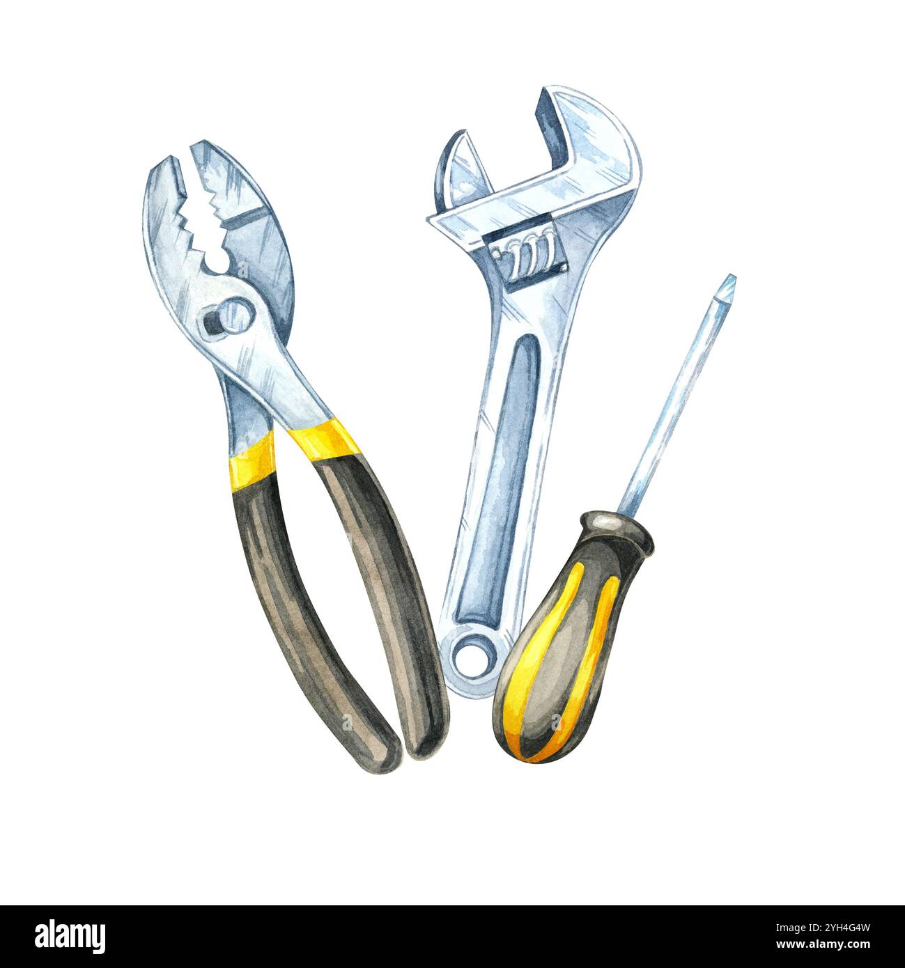 A wrench, pliers and a screwdriver with a black and yellow handle ...
