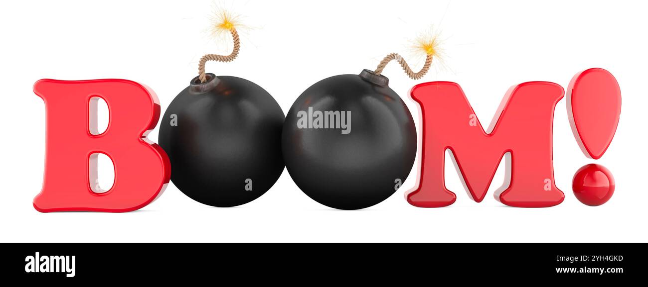 Boom text with black round bombs. 3D rendering isolated on white ...