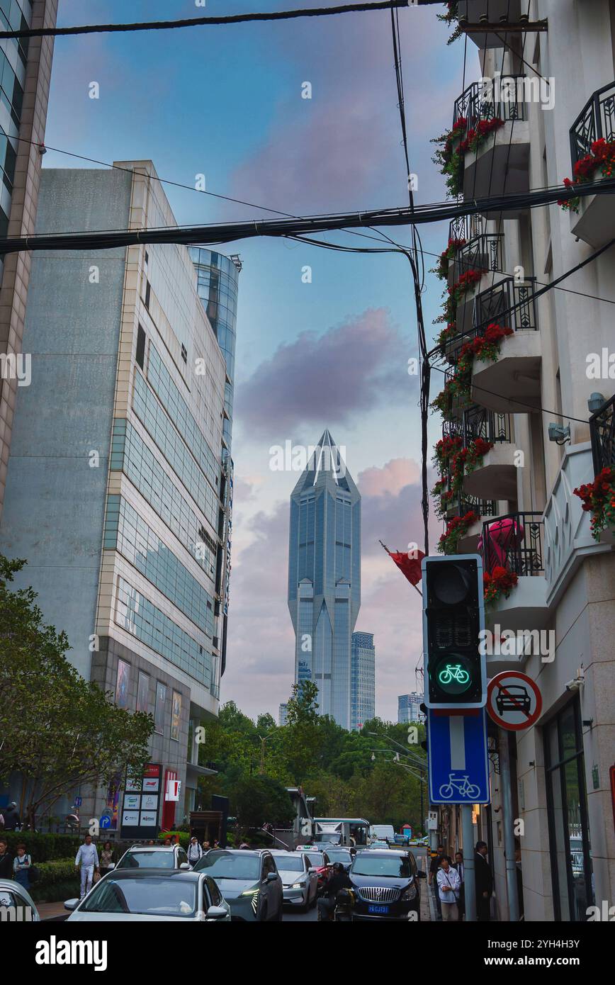 Street View in Shanghai with Tomorrow Square Skyscraper Stock Photo - Alamy