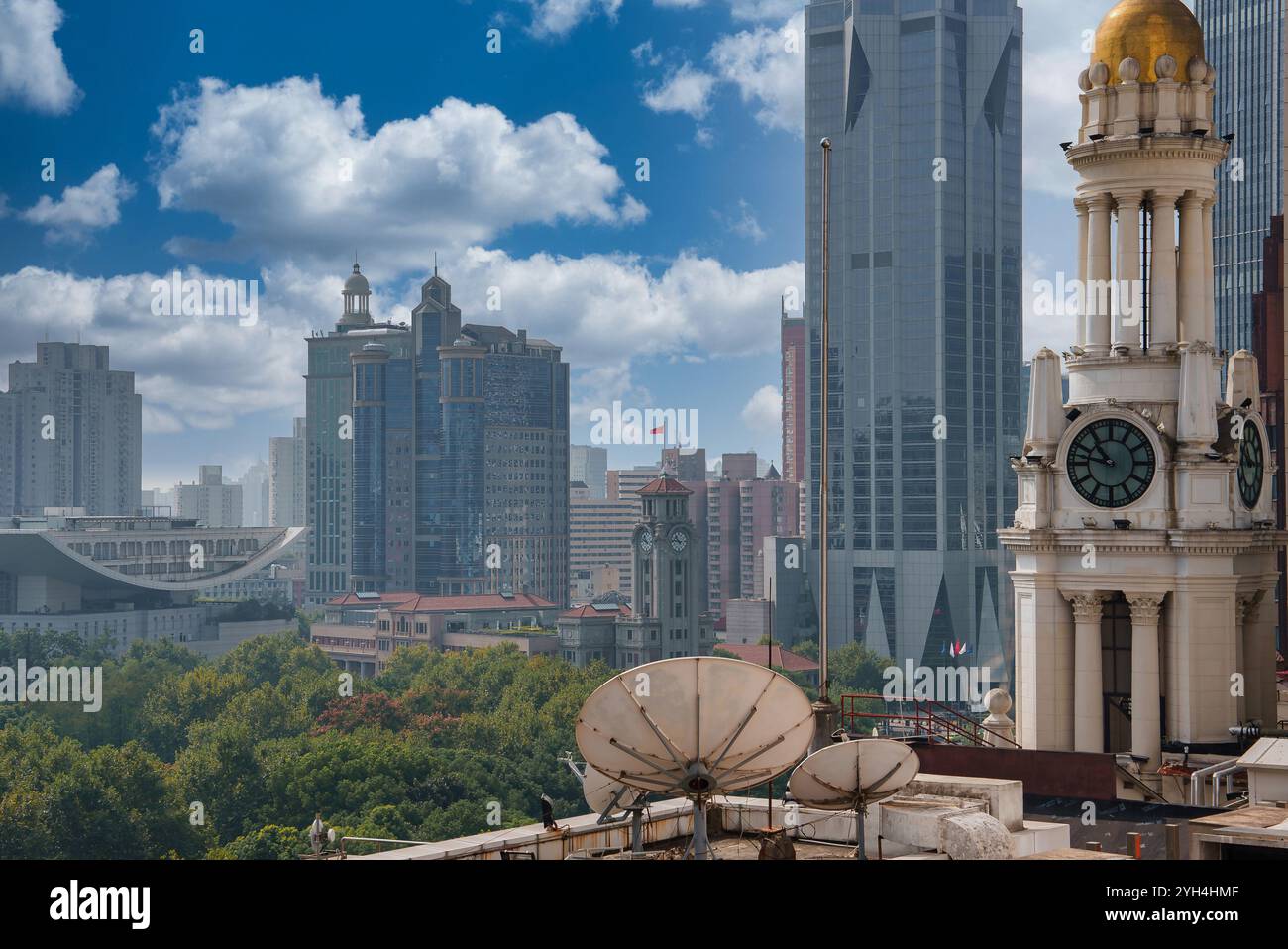 Shanghai Cityscape with Clock Tower and Modern Skyscrapers Stock Photo ...