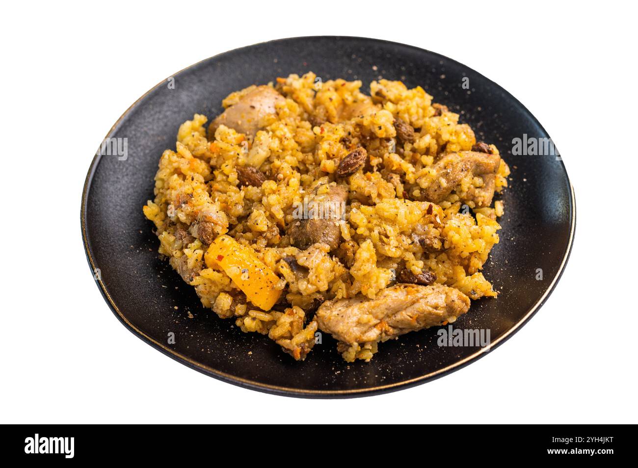 Serbian rice with beef meat, vegetables in a plate isolated on white ...