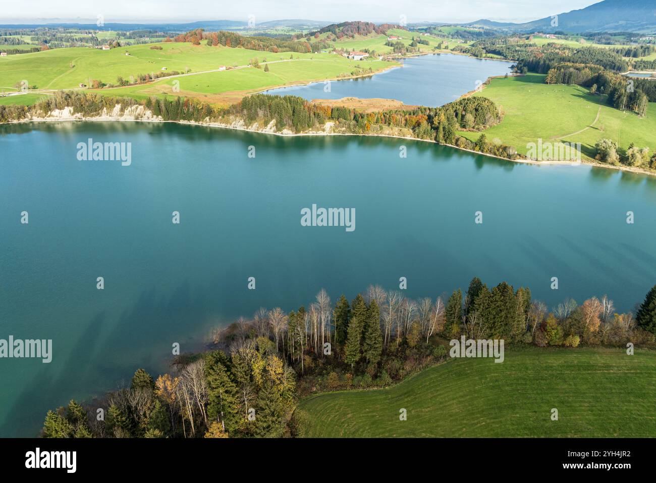 Aerial view of lake Forggensee, near Dietringen, Ammergauer Alpen ...