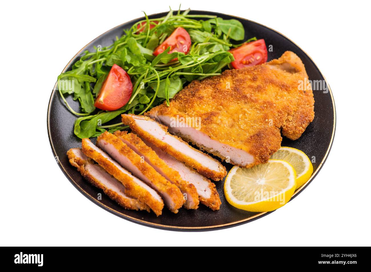Roast Weiner schnitzel steak, veal breaded meat with salad isolated on ...