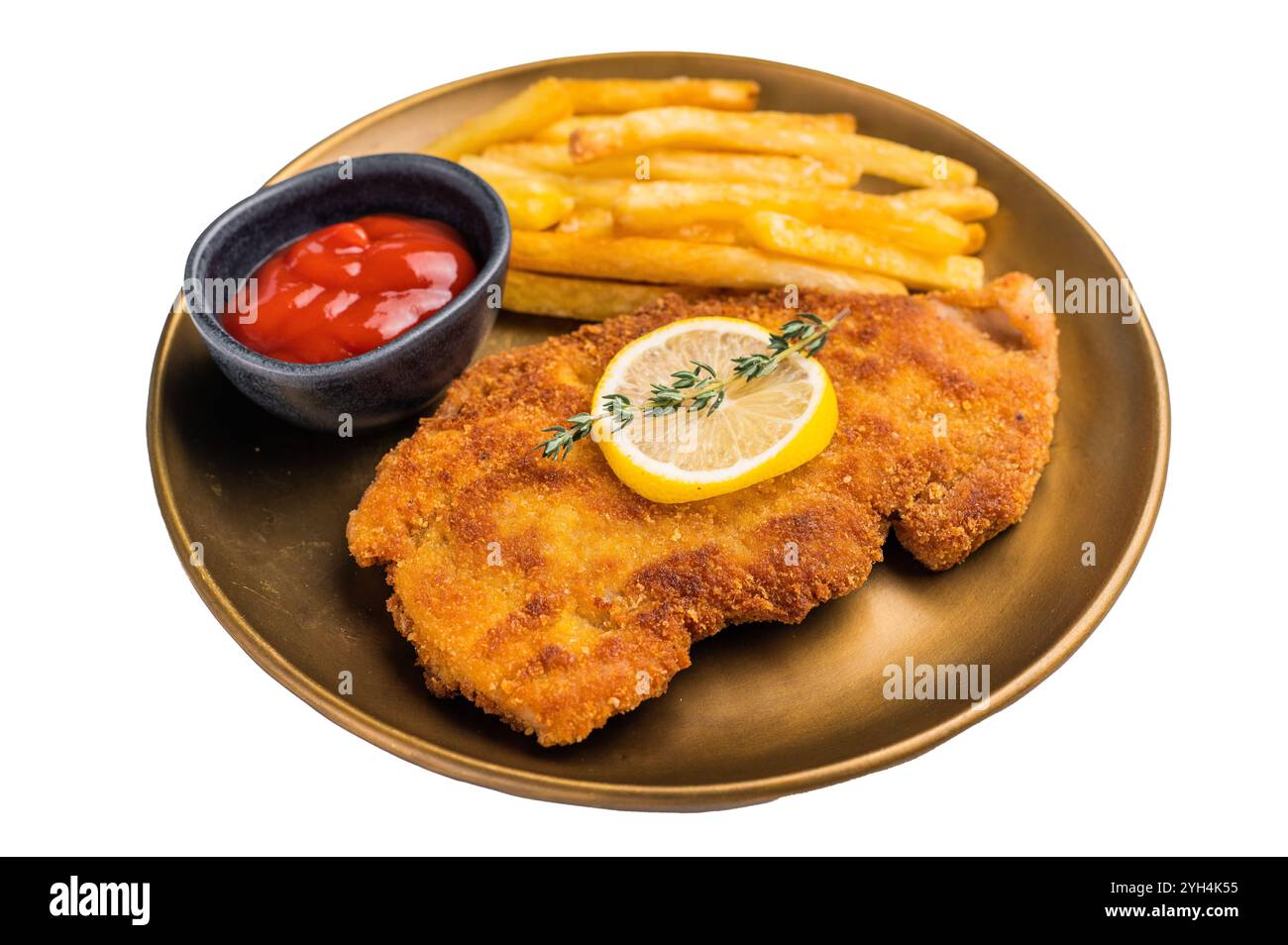 Weiner pork schnitzel steak, fried breaded fillet meat with french fry ...