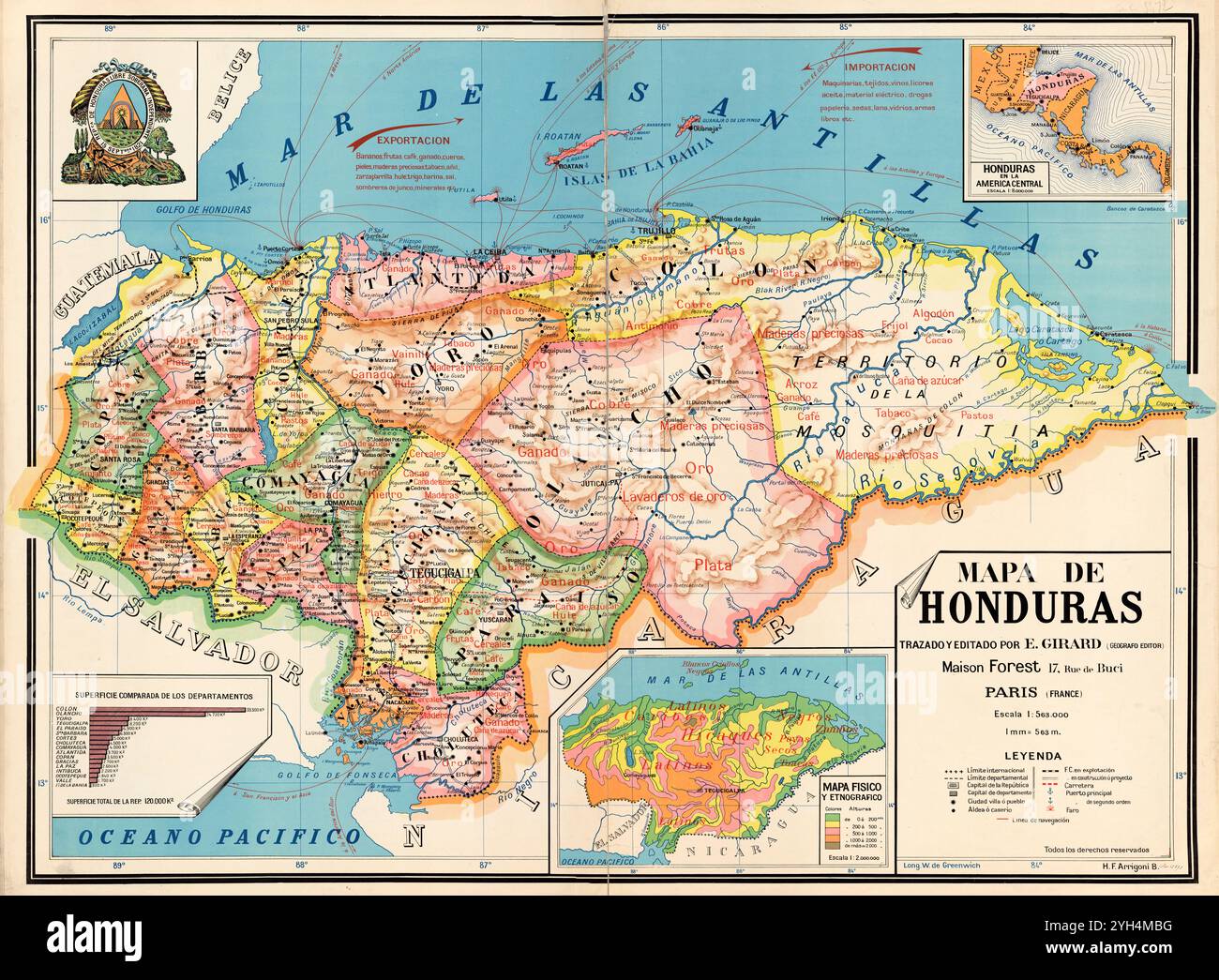 Vintage Archive map of Honduras, showing the various departments in ...