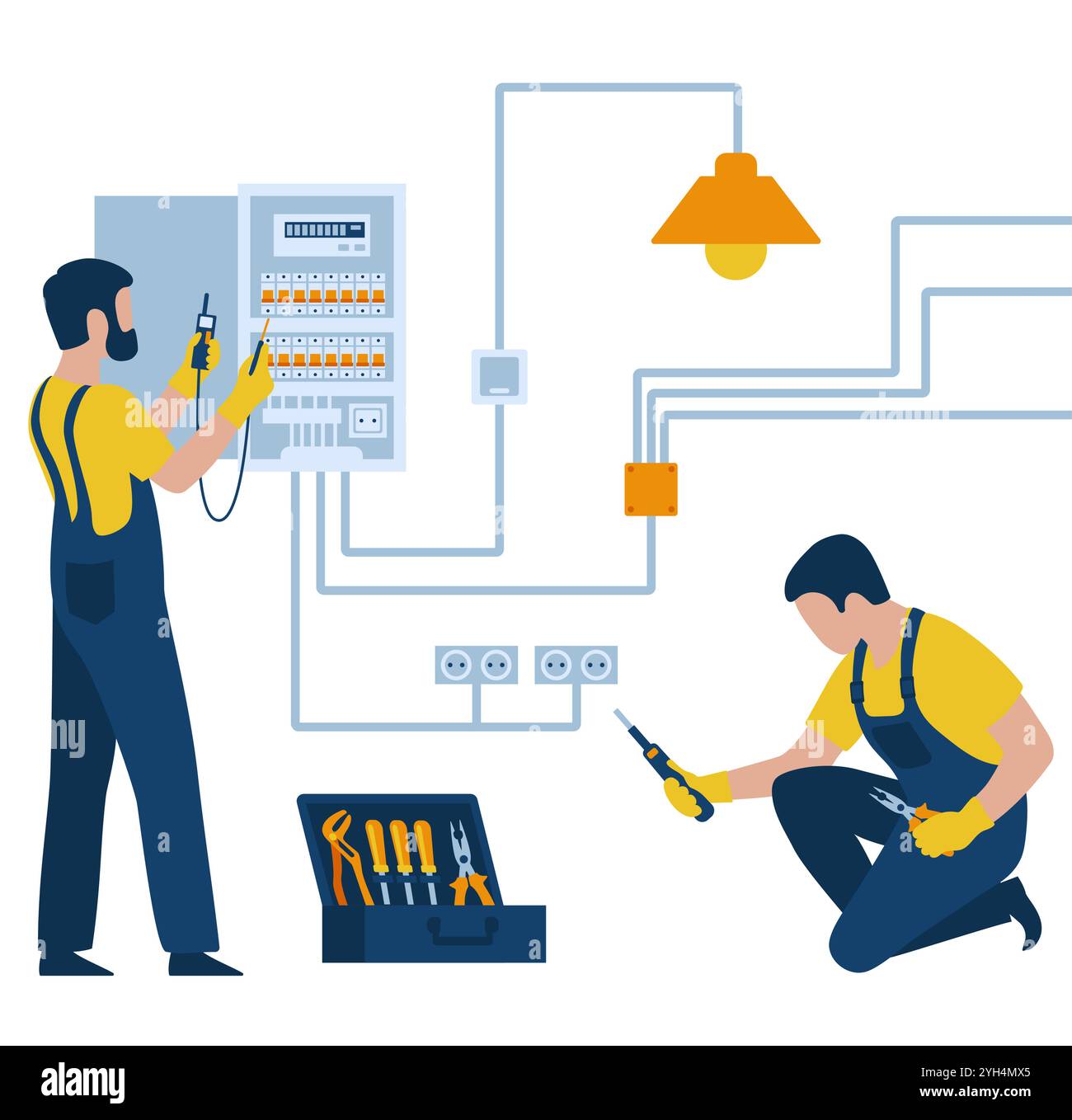 Electricians repair sockets and wiring in the house. Distribution board ...