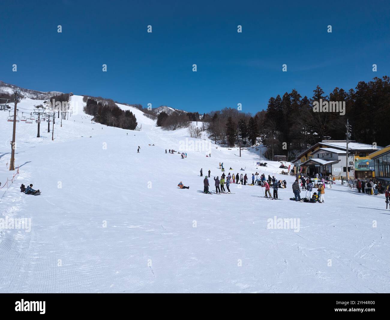 Skiers and snowboarders on the slopes of Togari Onsen resort in Nagano ...