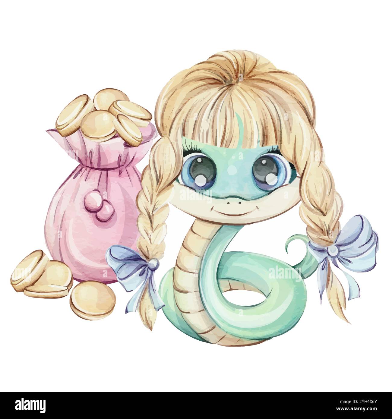 An adorable snake character with stylish braids and a money bags with ...