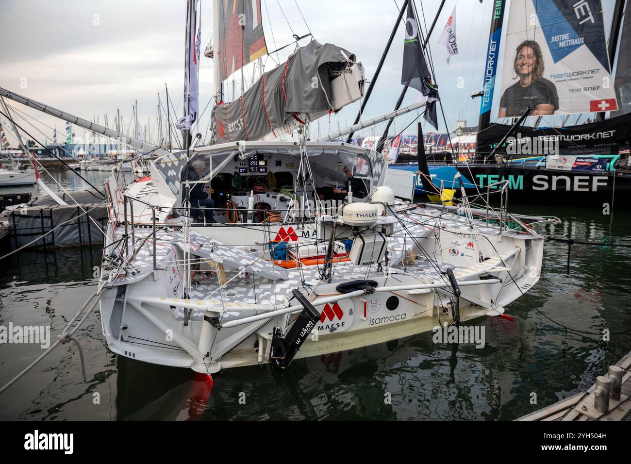 Isabelle Joschke boat (MACSF) on the Vendee Globe 2024 pontoon on ...