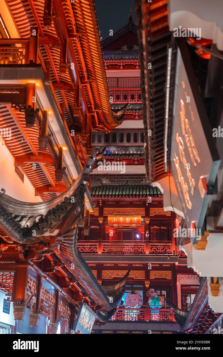 Illuminated Traditional Chinese Architecture in Shanghai at Night Stock ...