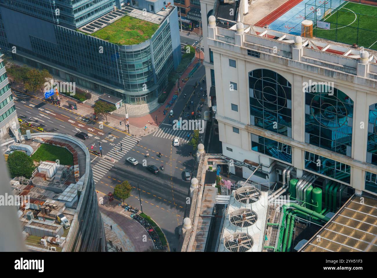 Aerial View of Shanghai Intersection with Rooftop Sports Field Stock ...