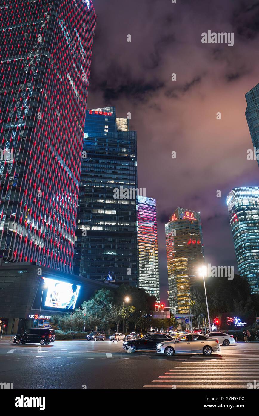 Vibrant Nighttime Skyline of Shanghai with Illuminated Skyscrapers ...