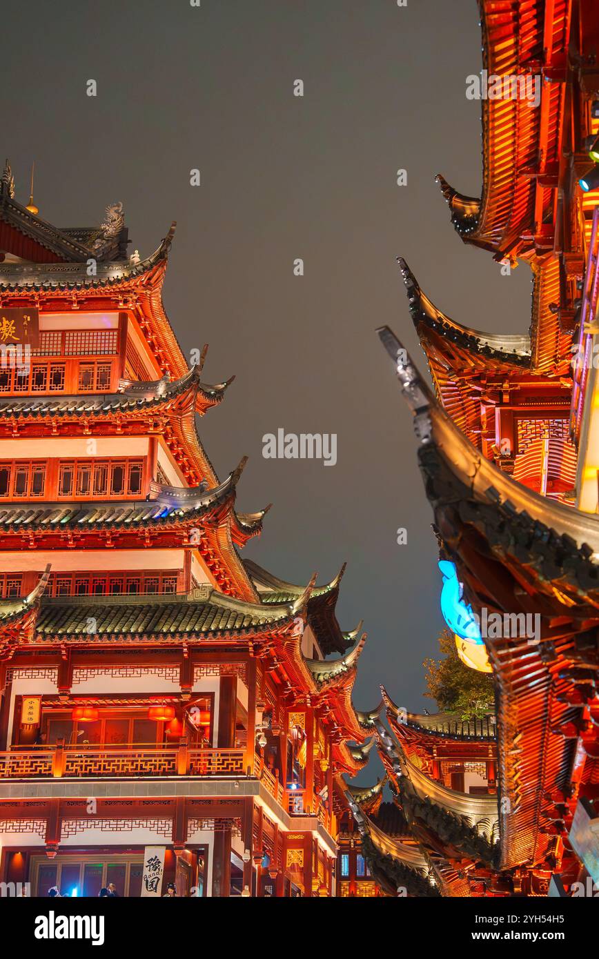 Traditional Pagoda Style Buildings Illuminated at Night in Shanghai ...