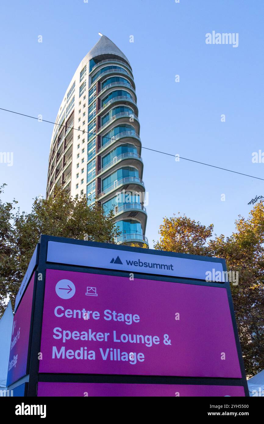 Signage at web summit lisbon points towards center stage, speaker ...