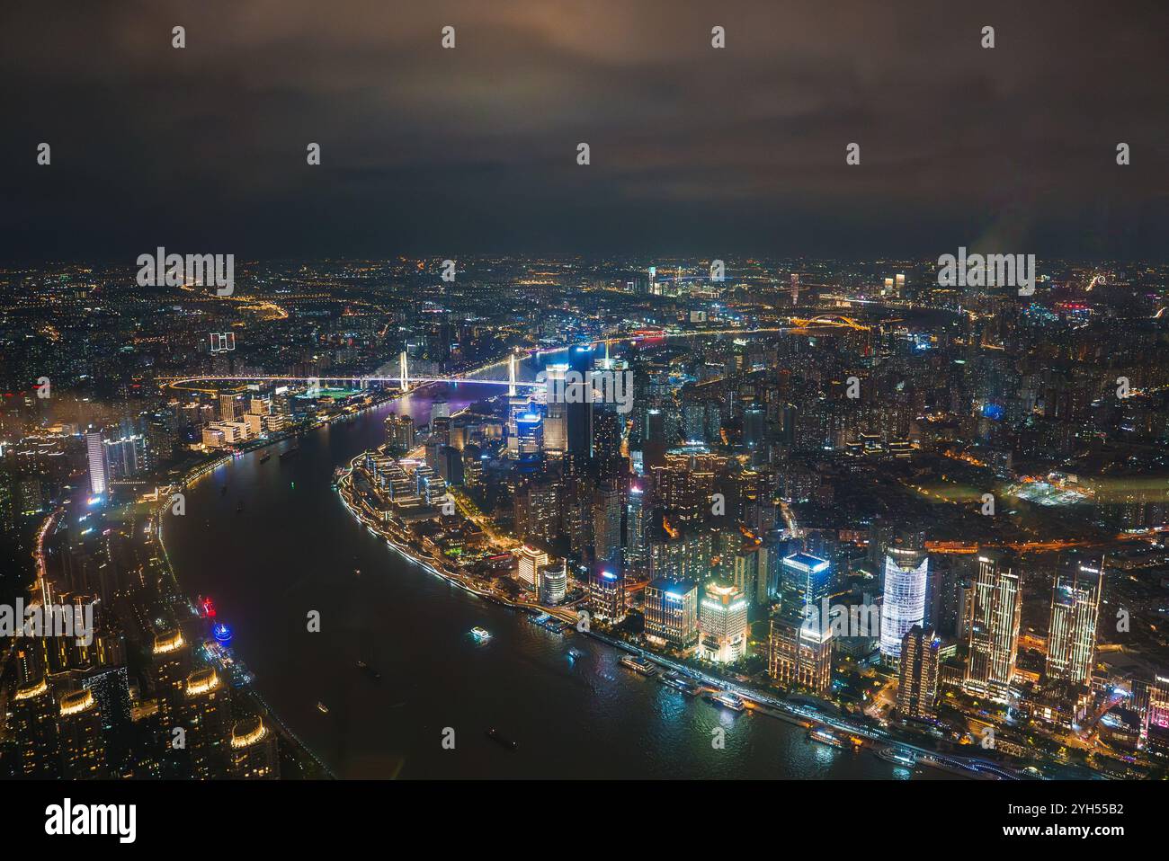 Nighttime Aerial View of Shanghai's Illuminated Bund and Skyline Stock ...