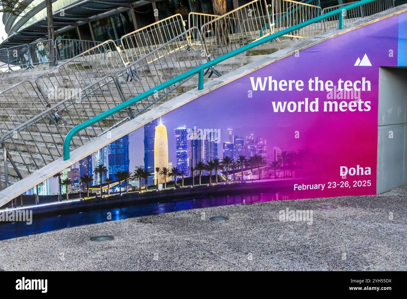 Vibrant advertisement showcasing doha's skyline, promoting it as a hub for the tech industry at ...