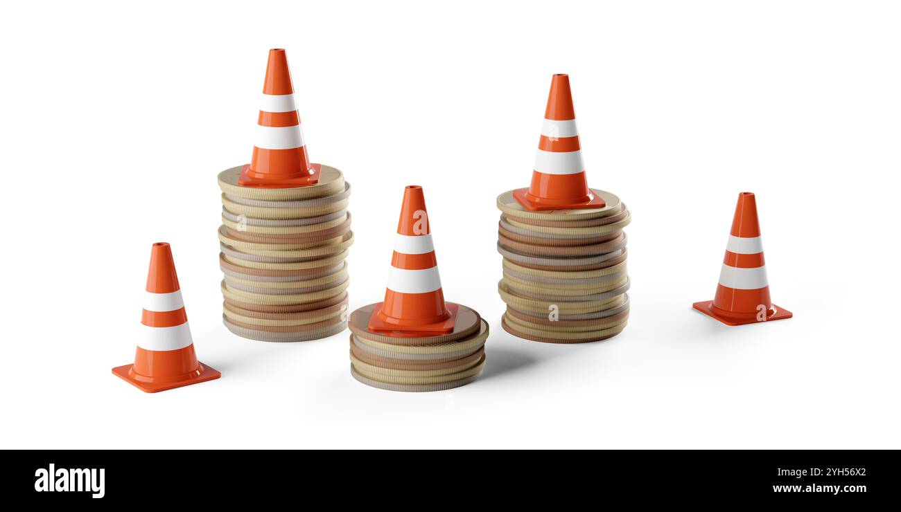 Three coin stacks with traffic cones over white background, money ...