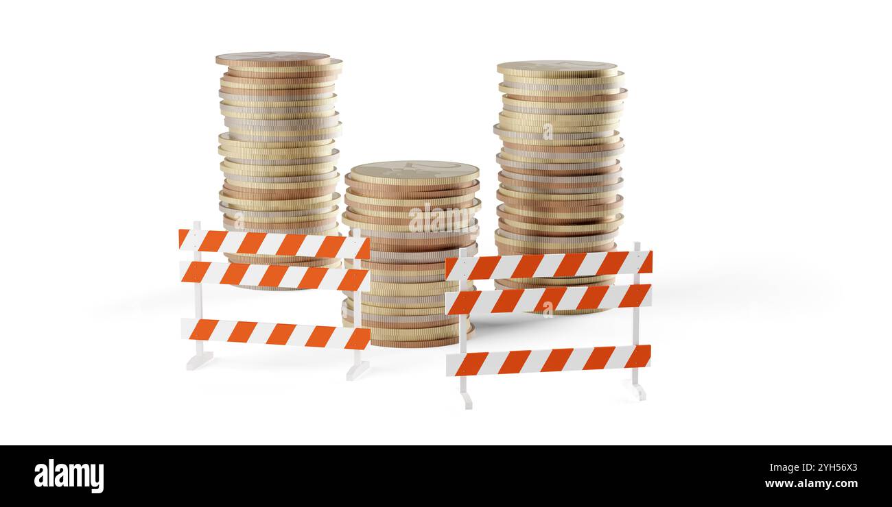Two street barriers in front of three coin stacks over white background ...