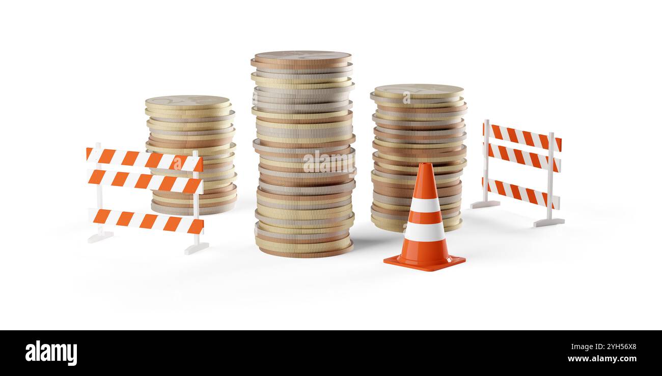 Traffic cone and street barriers protecting coin stacks over white ...