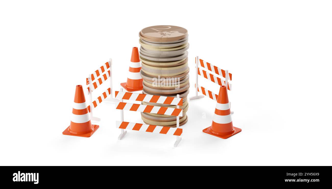 Traffic cones and street barriers surrounding stack of coins over white ...