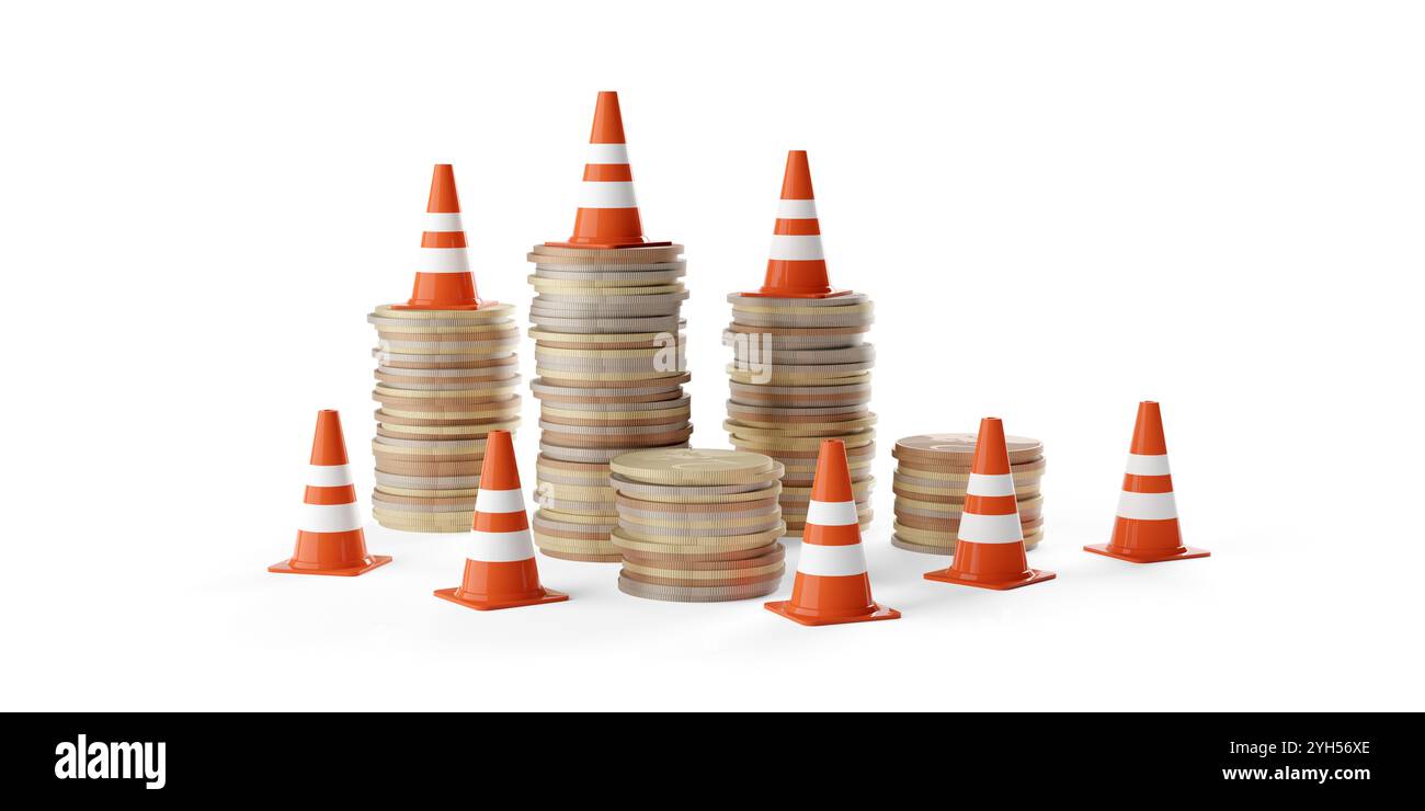 Traffic cones on coin stacks over white background, money safety, value ...