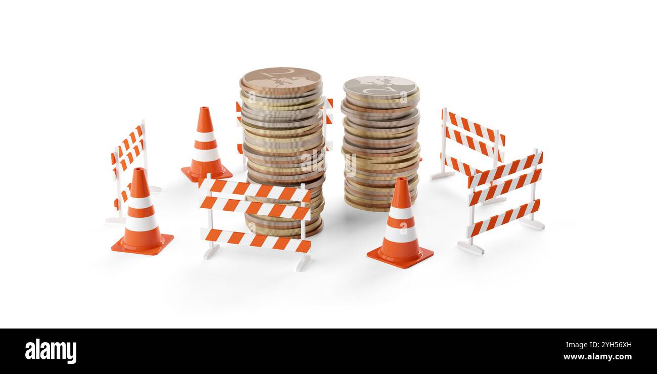 Traffic cones and street barriers surrounding coin stacks over white ...