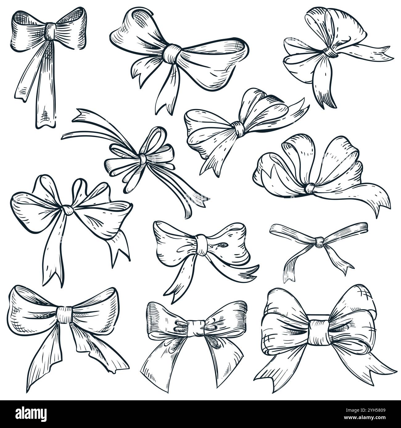 Bow ribbons collection isolated on white background. Hand drawn sketch ...
