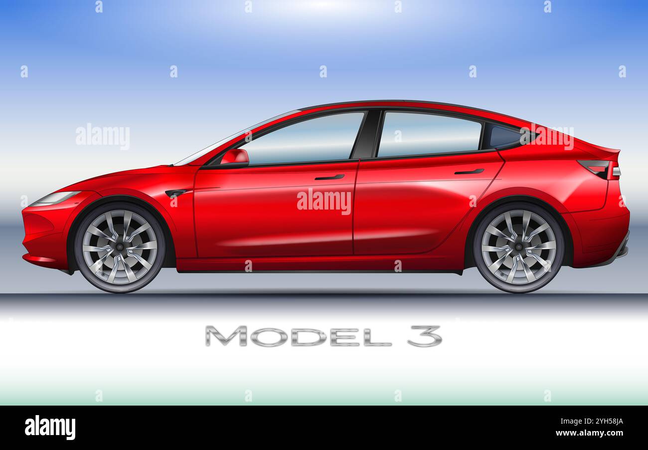 USA, year 2017, Tesla electric car Model 3 silhouette, outline drawing ...