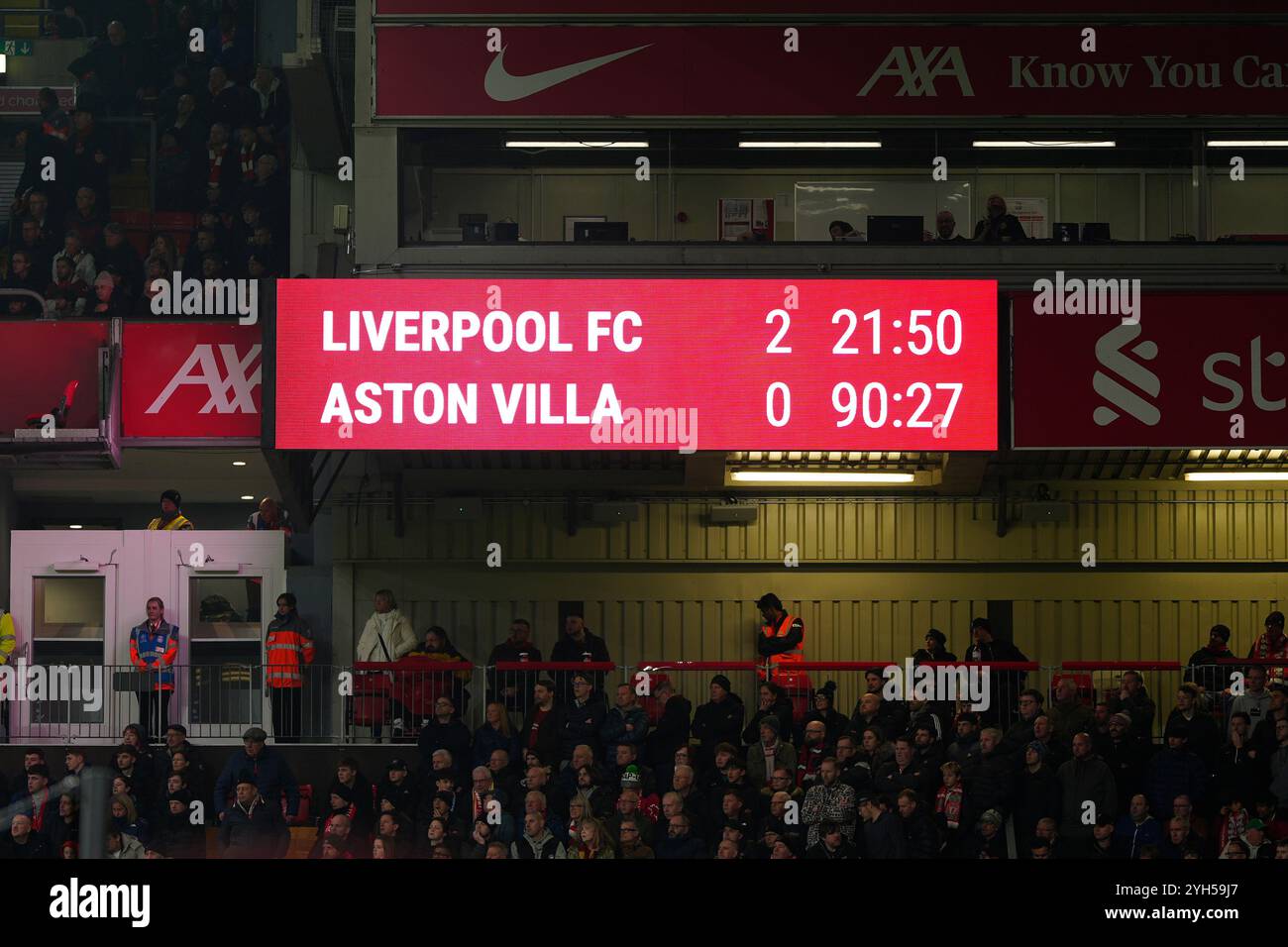 The scoreboard which reads 2-0 to Liverpool during the Premier League ...