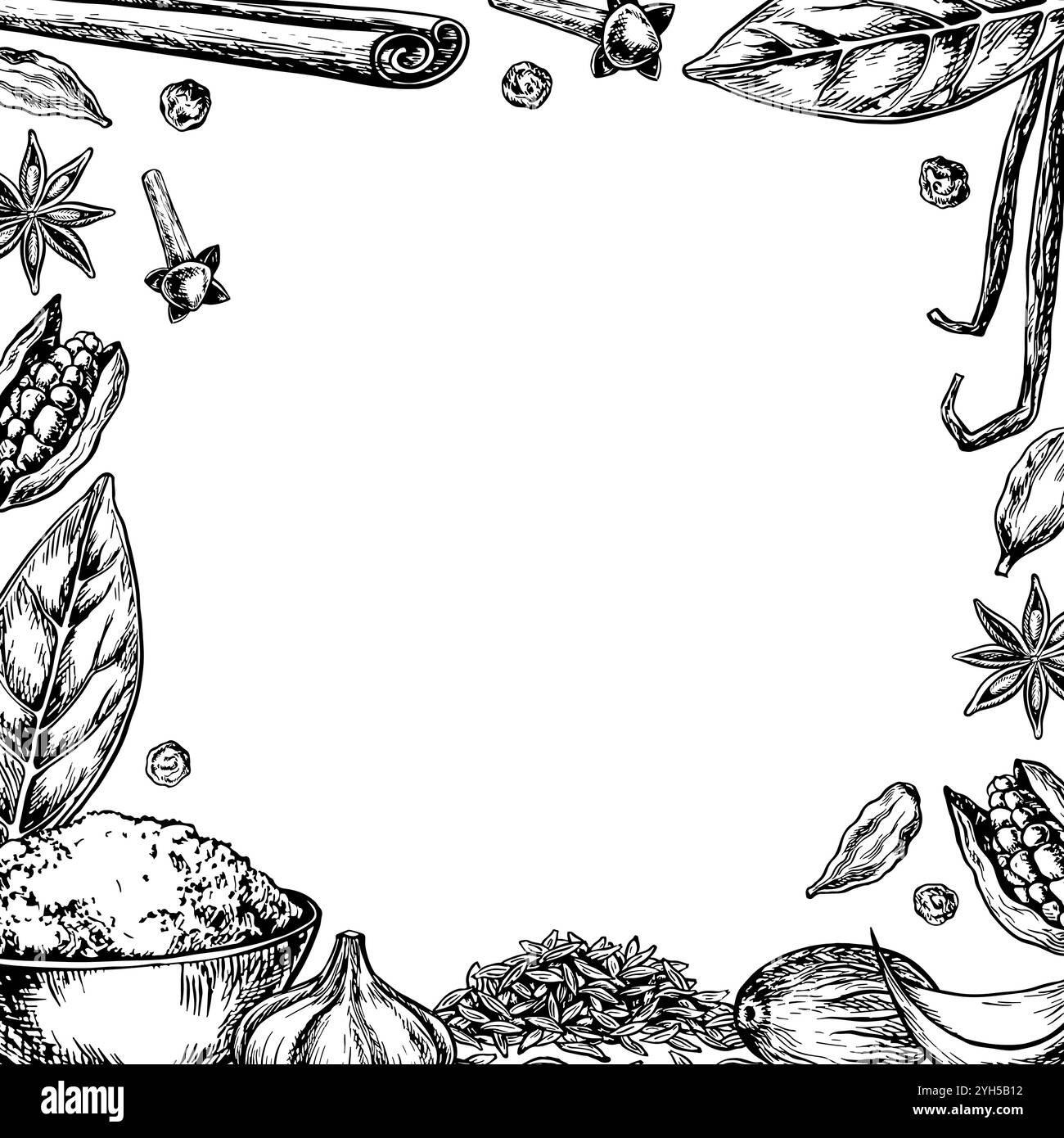 Frame with spices. Vector graphics depicting aromatic culinary spices ...