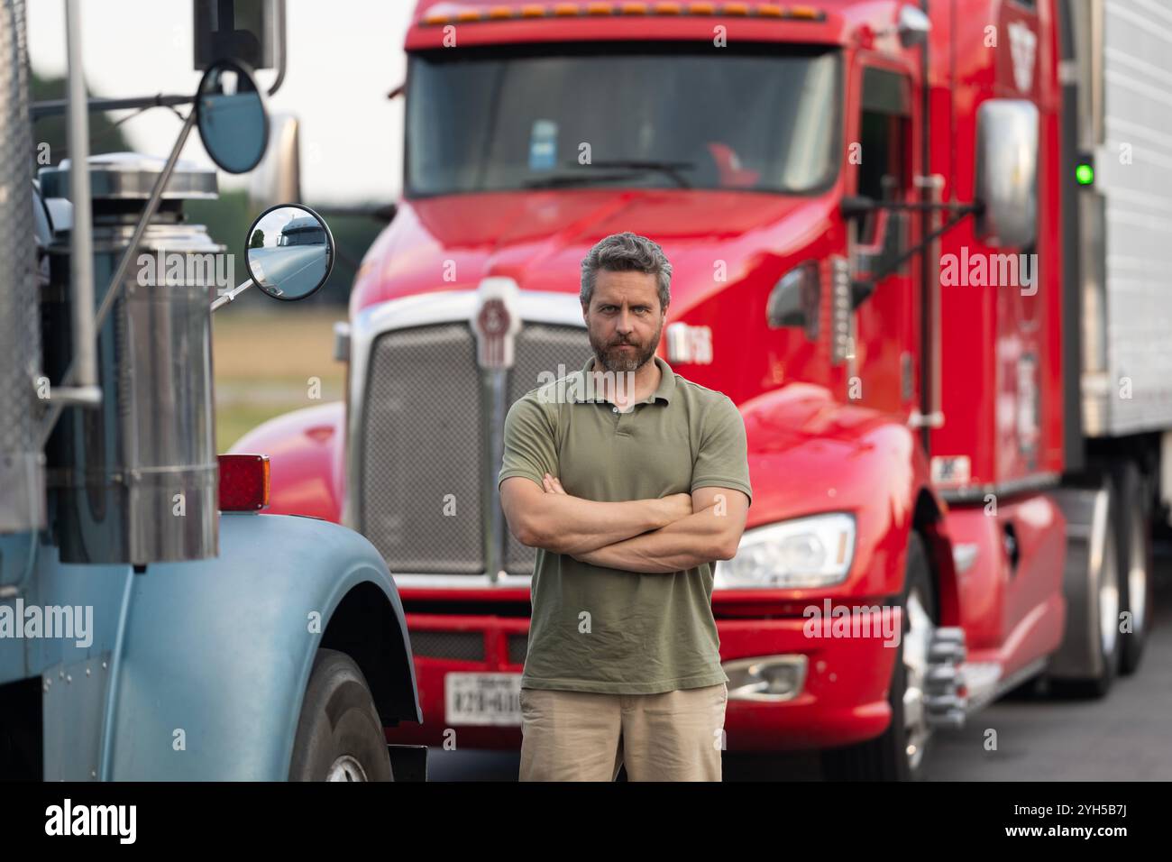 Man driver near lorry truck. Truck driver. Trucking owner ...