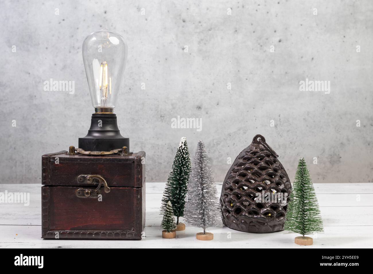 Bottle Brush Christmas Trees with retro light and pine cone candle ...