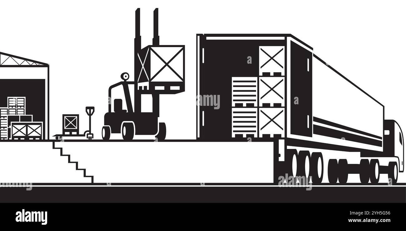 Forklift loading pallets in a truck in warehouse - vector illustration ...