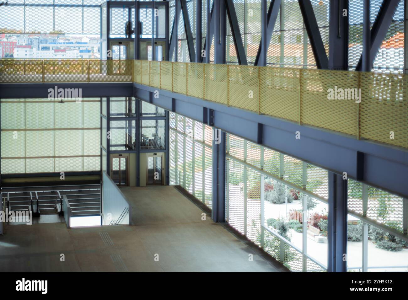 Modern interior with industrial design elements, featuring a glass ...