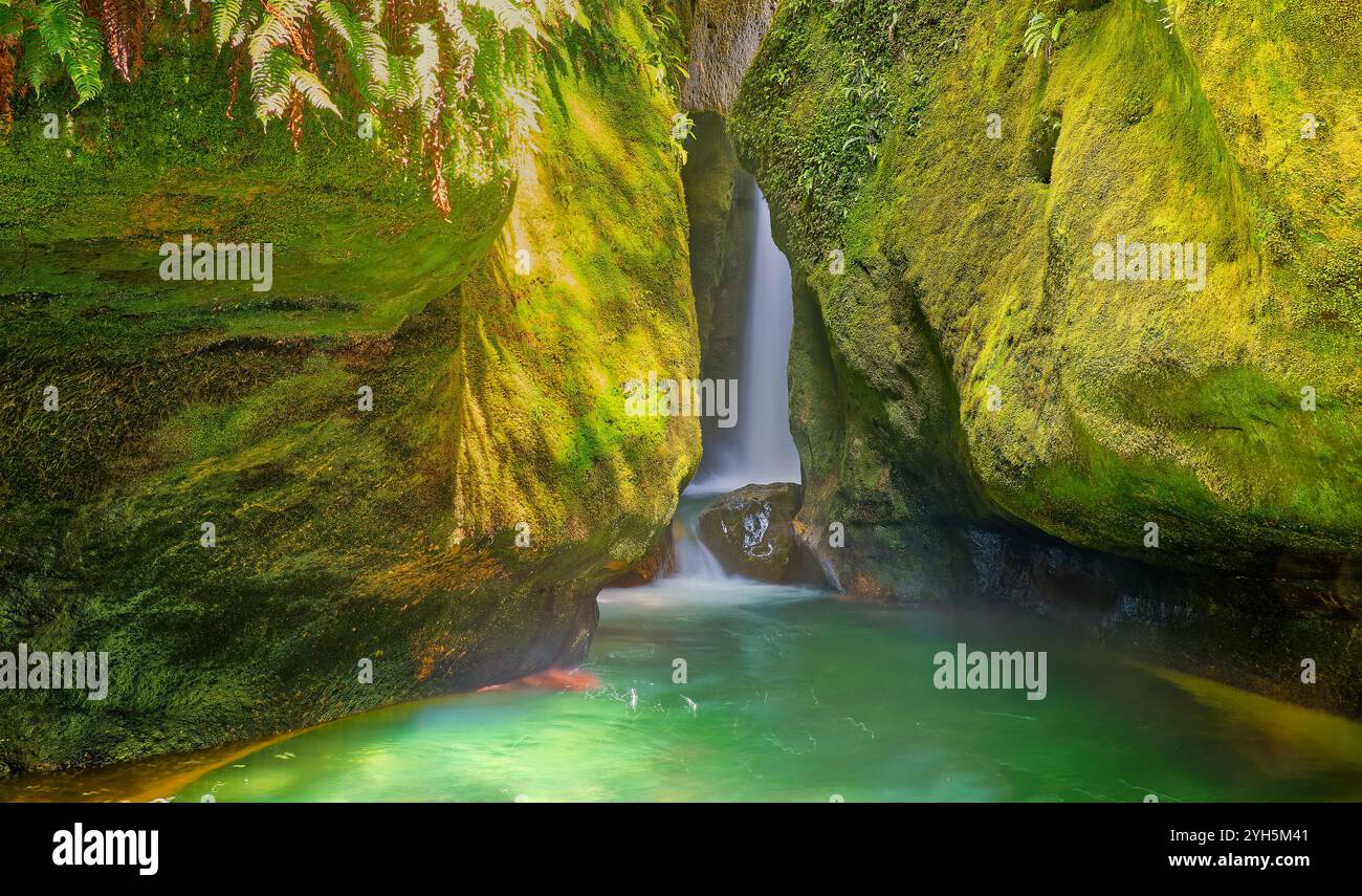 Hidden falls, mossy boulders, green pool at base of Upper Chasm Falls ...