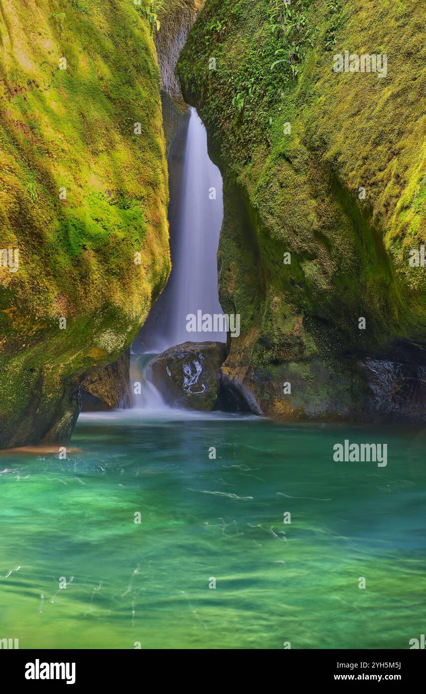 Hidden falls, mossy boulders, green pool at base of Upper Chasm Falls ...