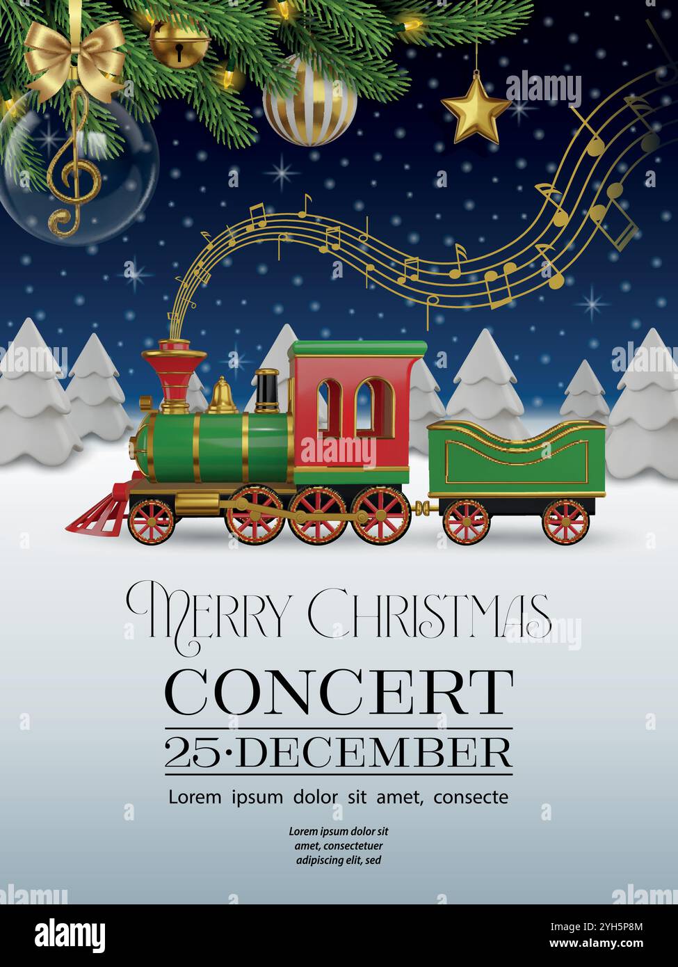 christmas concert flyer with pine branches, gold musical notes and ...