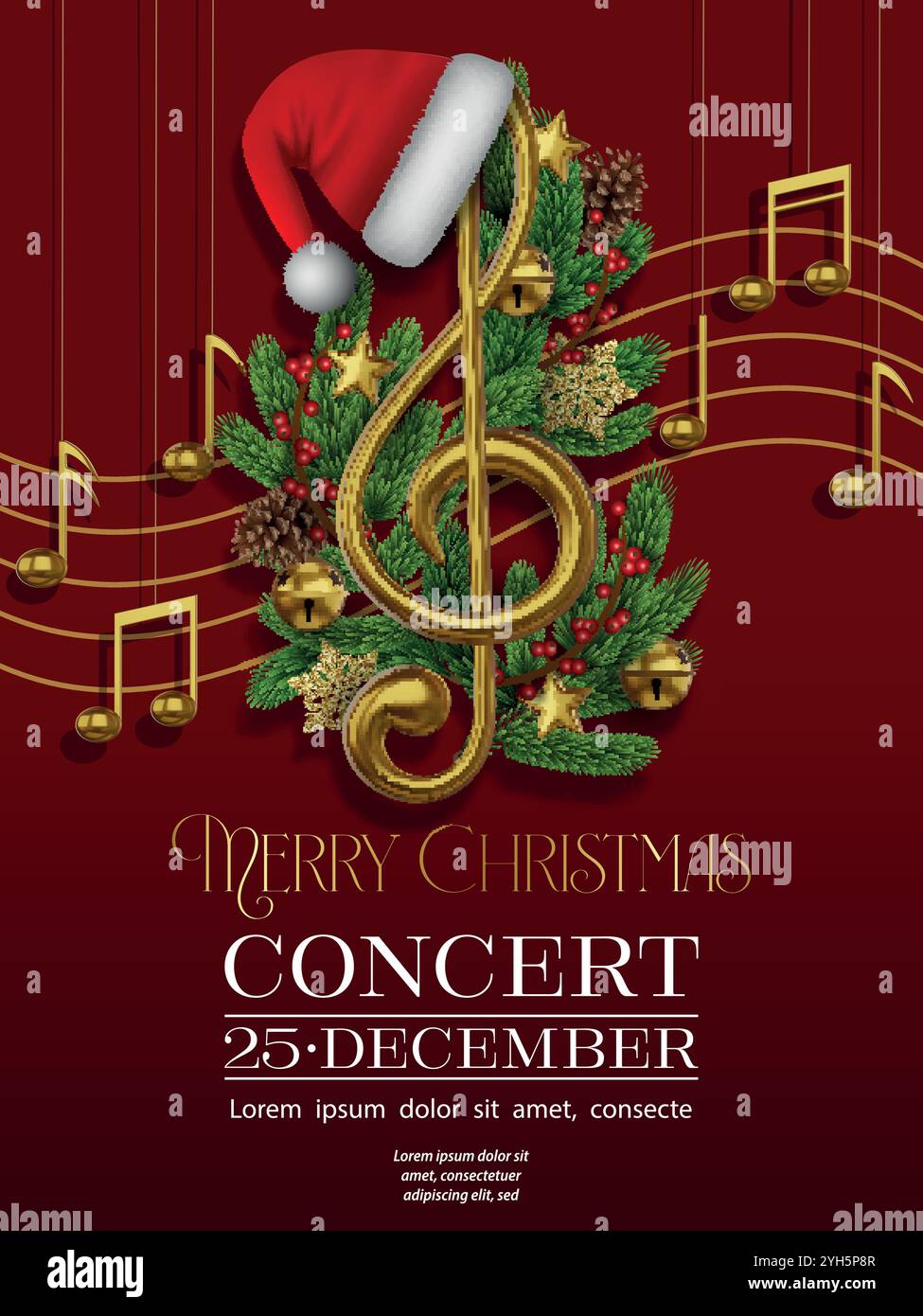 christmas concert flyer with golden musical notes, pine branches and ...