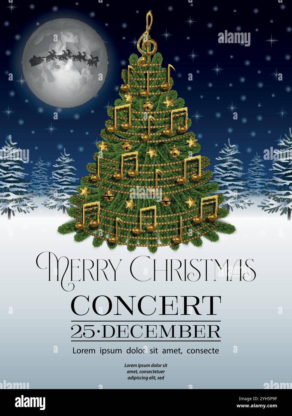christmas concert flyer with gold reindeer and christmas tree with gold ...