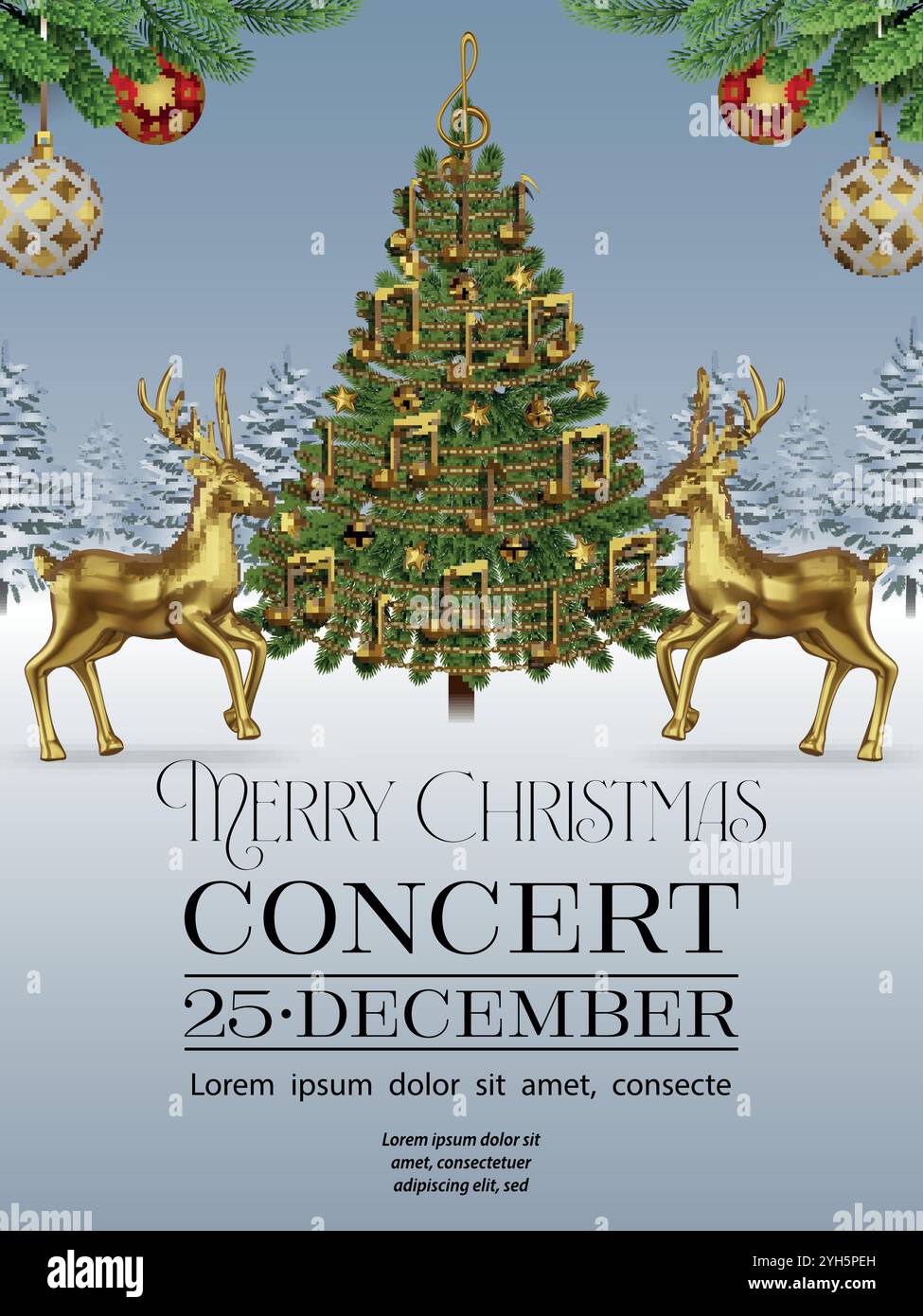 christmas concert flyer with gold reindeer and christmas tree with gold ...