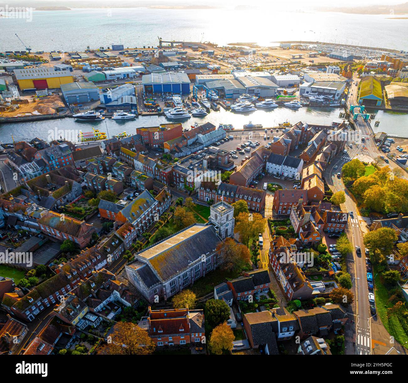 Aerial view of Poole, a coastal town in Dorset, southern England, known ...
