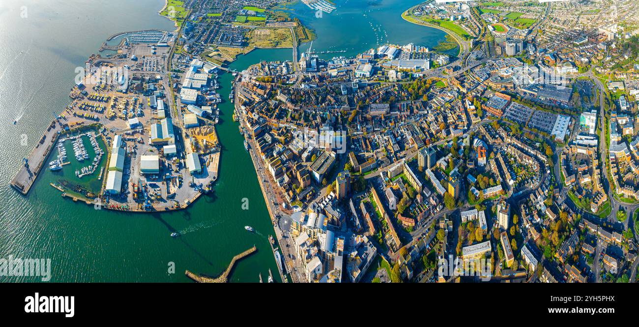 Aerial view of Poole, a coastal town in Dorset, southern England, known ...