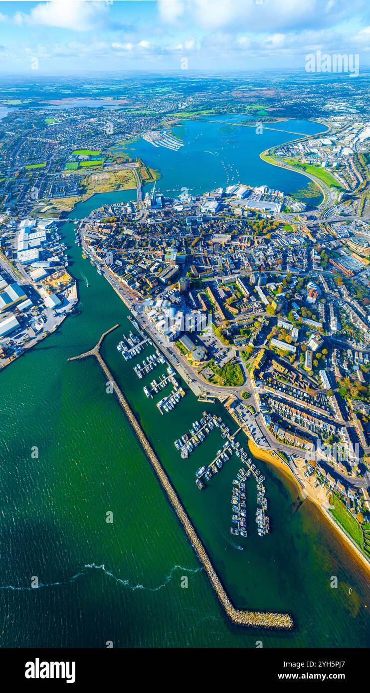 Aerial view of Poole, a coastal town in Dorset, southern England, known ...
