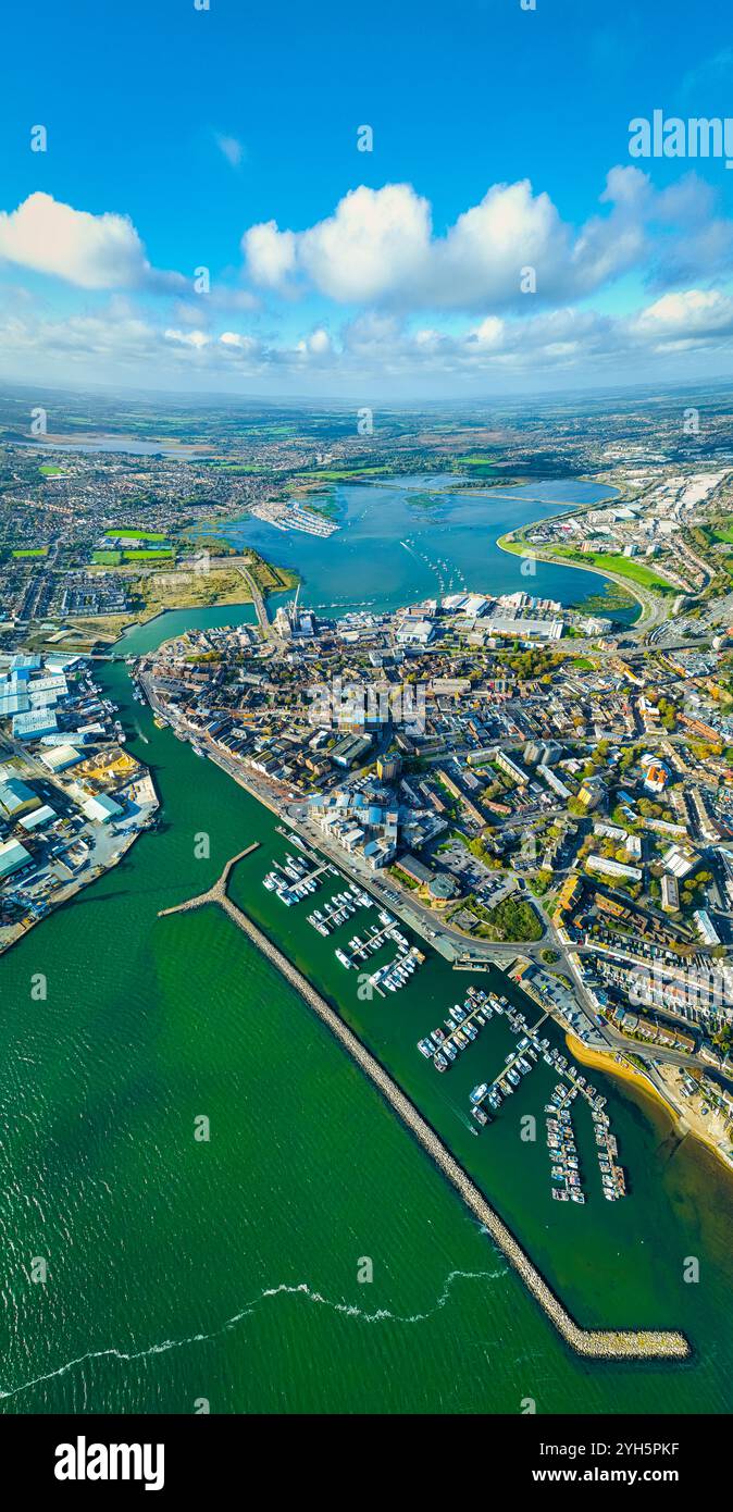 Aerial view of Poole, a coastal town in Dorset, southern England, known ...