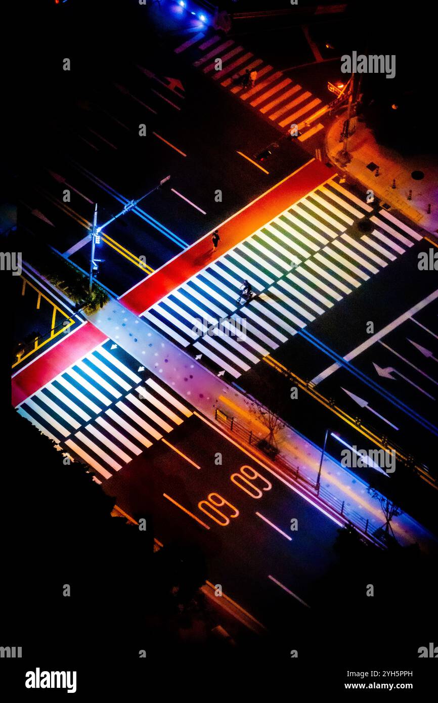 Aerial View of Illuminated City Crosswalk at Night Stock Photo - Alamy