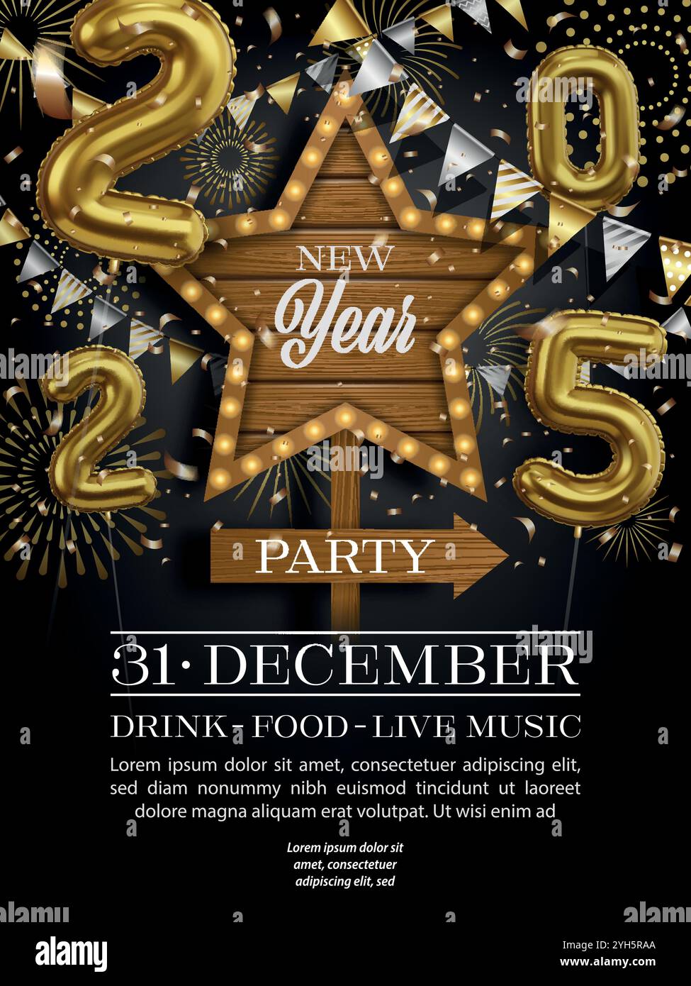 new year party poster with star shaped wooden signboard and number ...