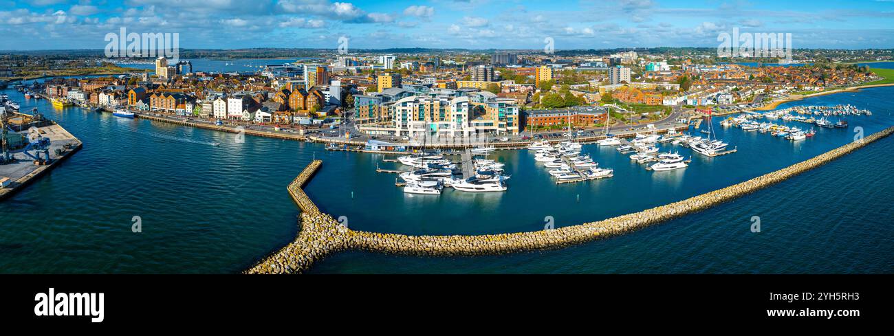 Aerial view of Poole, a coastal town in Dorset, southern England, known ...