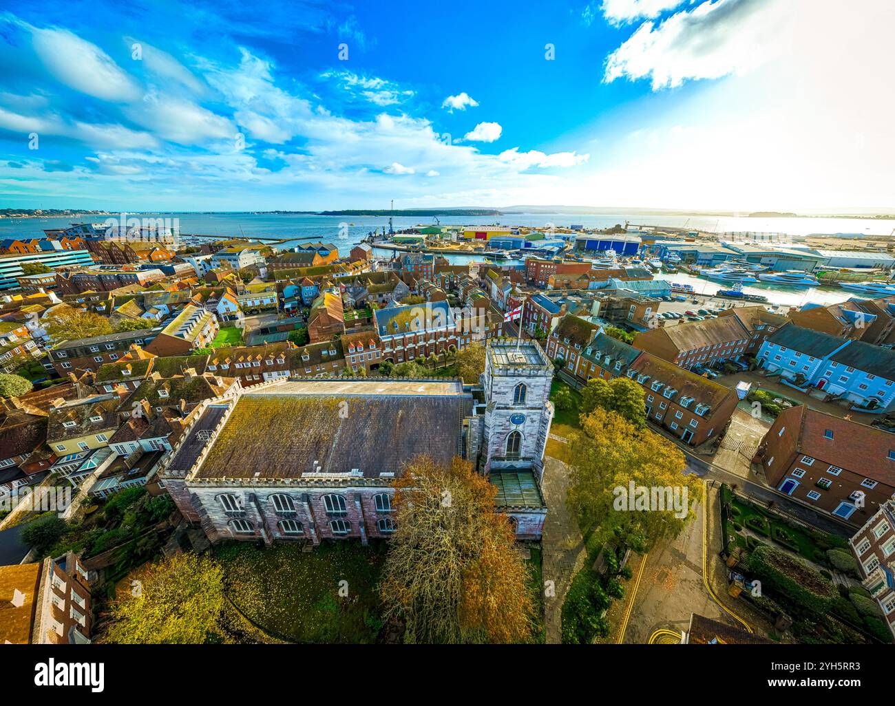 Aerial view of St James Church in Poole, a coastal town in Dorset ...